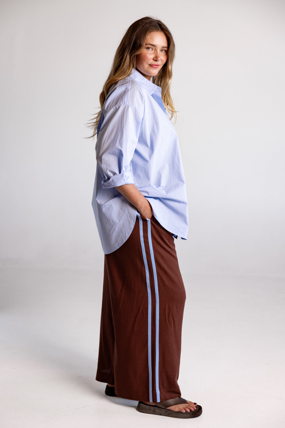 Side Stripe Linen Blend Pants in Dark Chocolate & Baby Blue – Proud ...